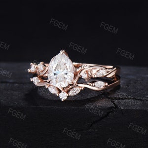 Nature Inspired Moissanite Engagement Ring Set Twist Band 1.25ct Pear ...
