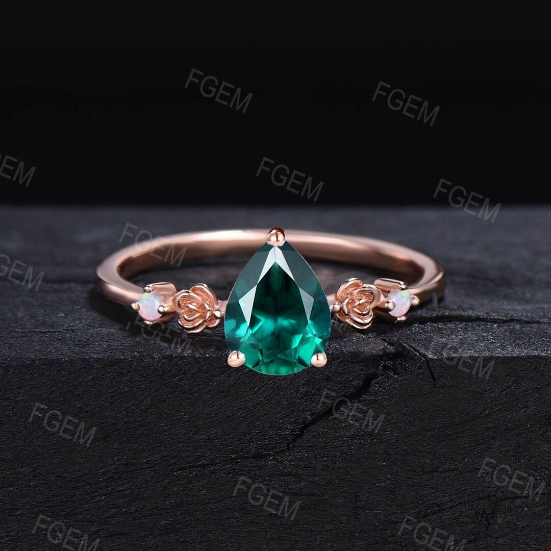 Pear Shaped Flower Band Green Emerald Engagement Ring 10k Rose - Etsy
