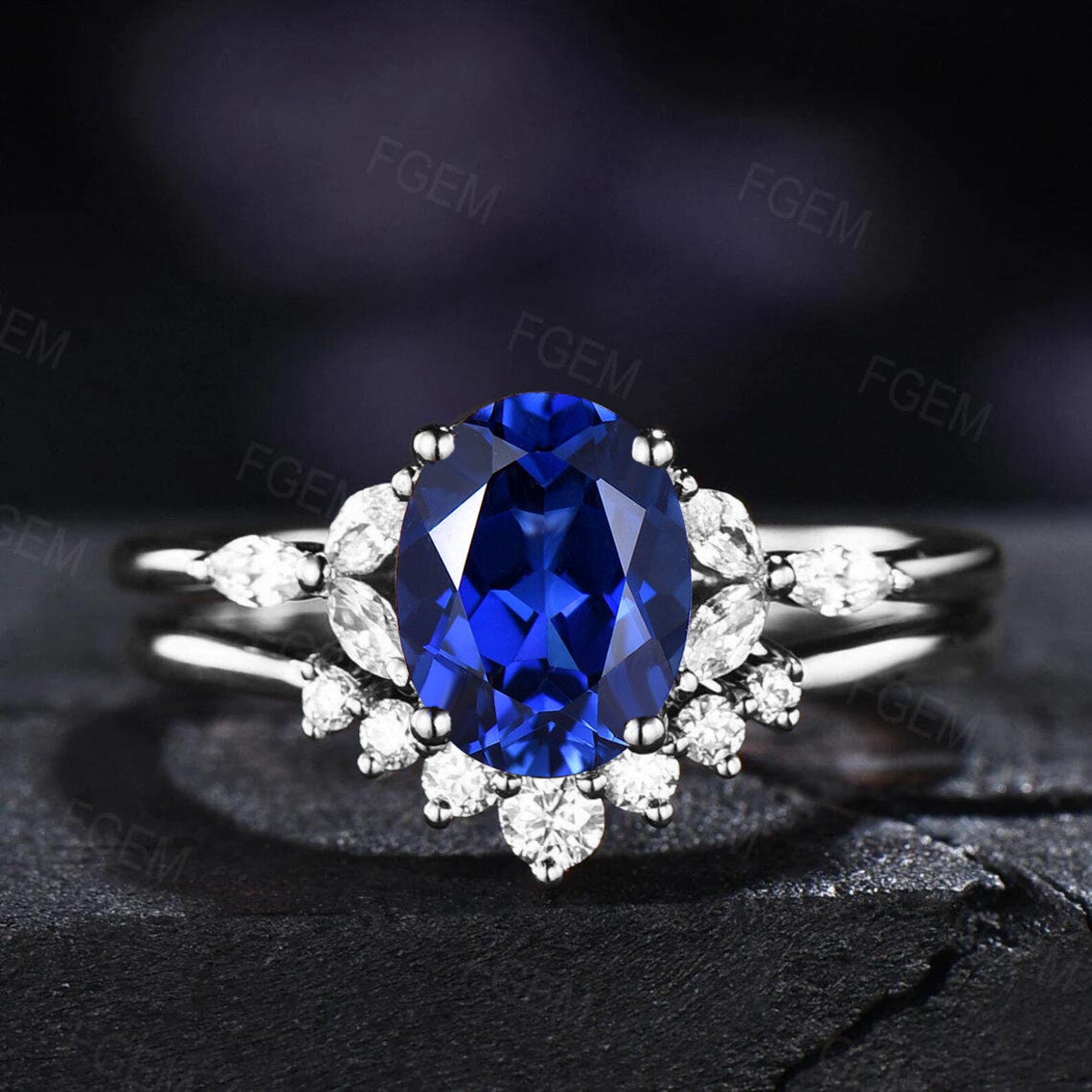 Sterling Silver Blue Sapphire Engagement Ring Set Vintage Oval - Etsy