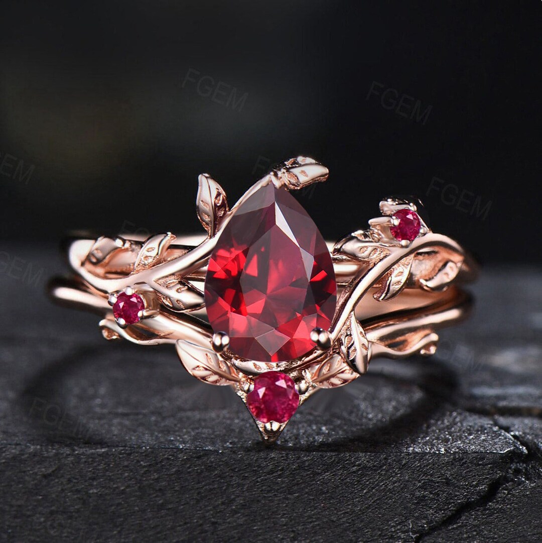 Nature Inspired Ruby Ring Set Vintage 10k Rose Gold Pear Cut Red Ruby ...