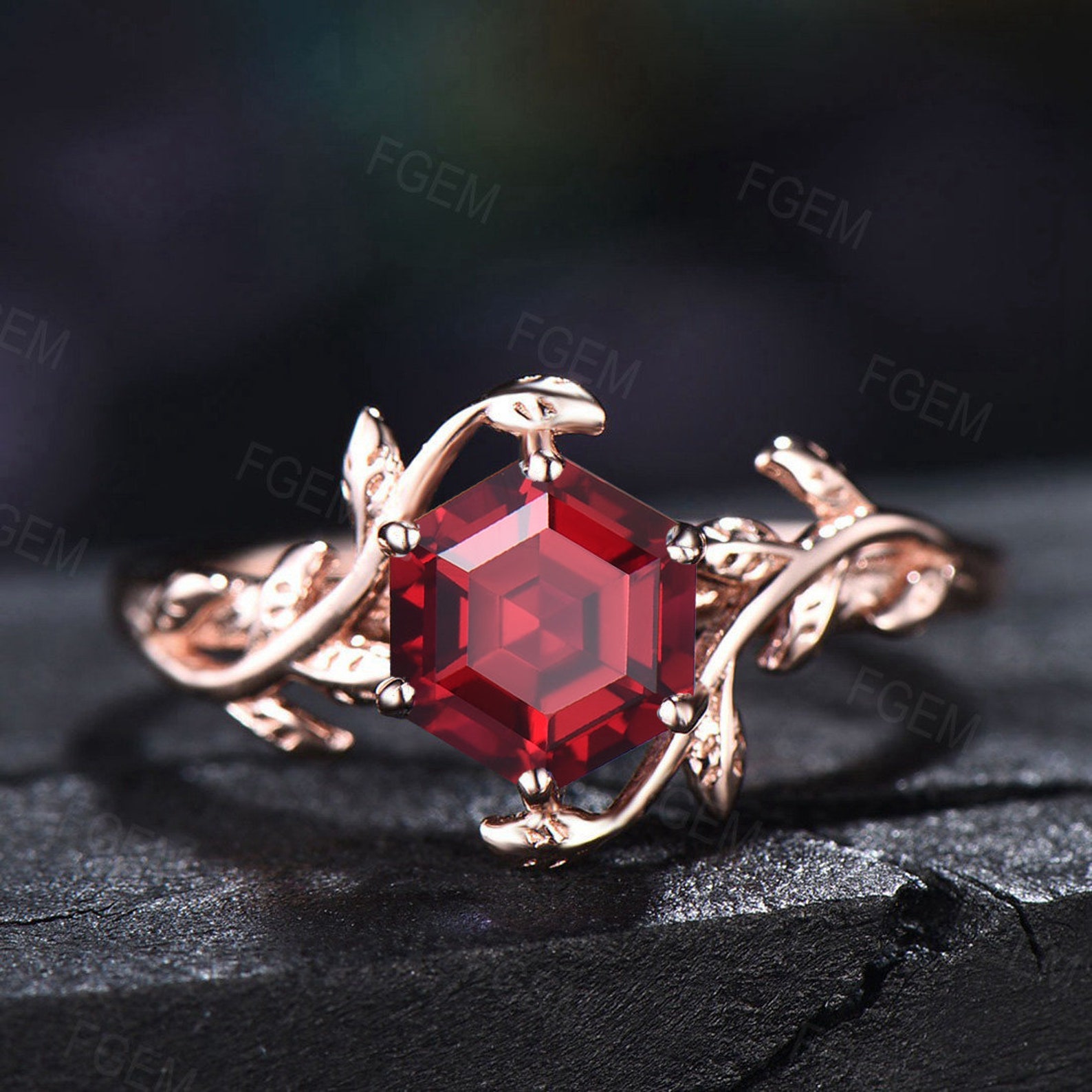 1ct Hexagon Cut Ruby Gemstone Jewelry 10K/14K/18K Rose Gold Twig Leaf ...