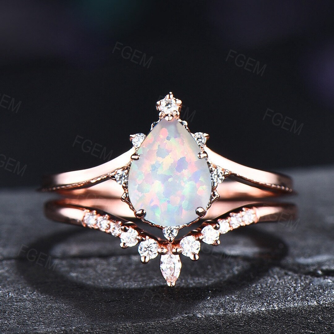Pear Shaped Opal Engagement Ring Set Unique Sterling Silver - Etsy