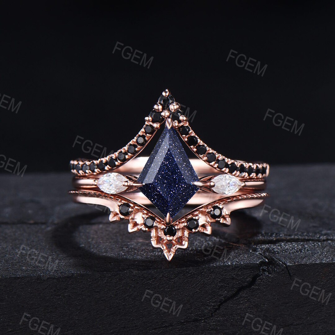 3pcs Kite Cut Starry Sky Galaxy Blue Sandstone Engagement Ring Set ...