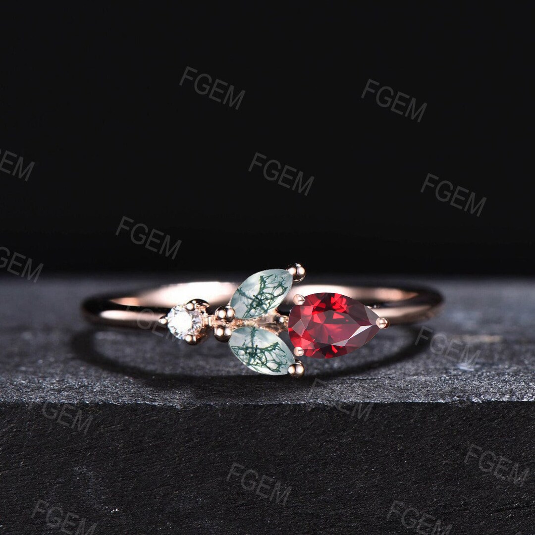 Unique Moss Agate Ruby Engagement Ring Dainty Pear Red Ruby Ring ...