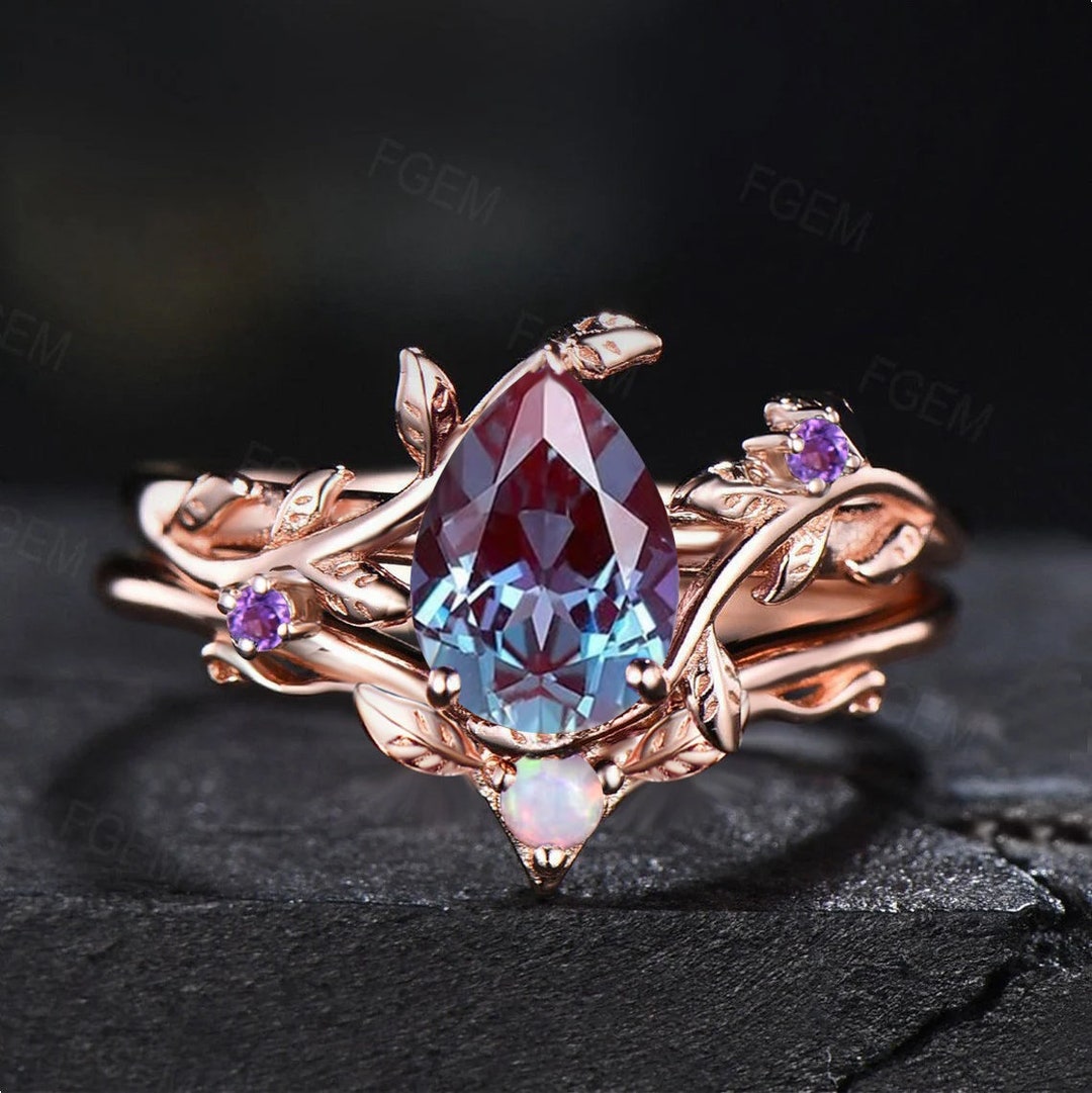 Nature Inspired Pear Alexandrite Amethyst Ring Set Vintage 10K Rose ...