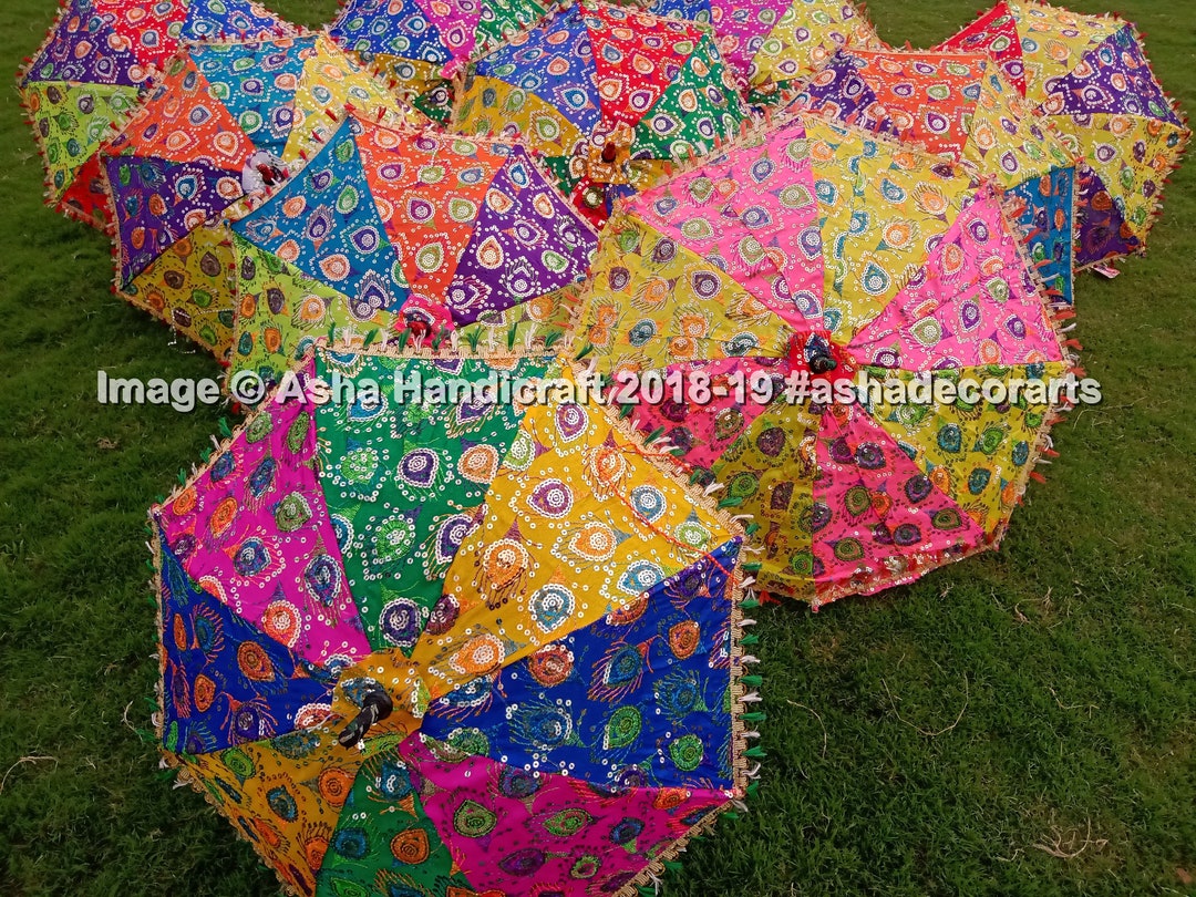 Indian Religous Feather Print Embroidered Umbrella, Women Sun Shade ...