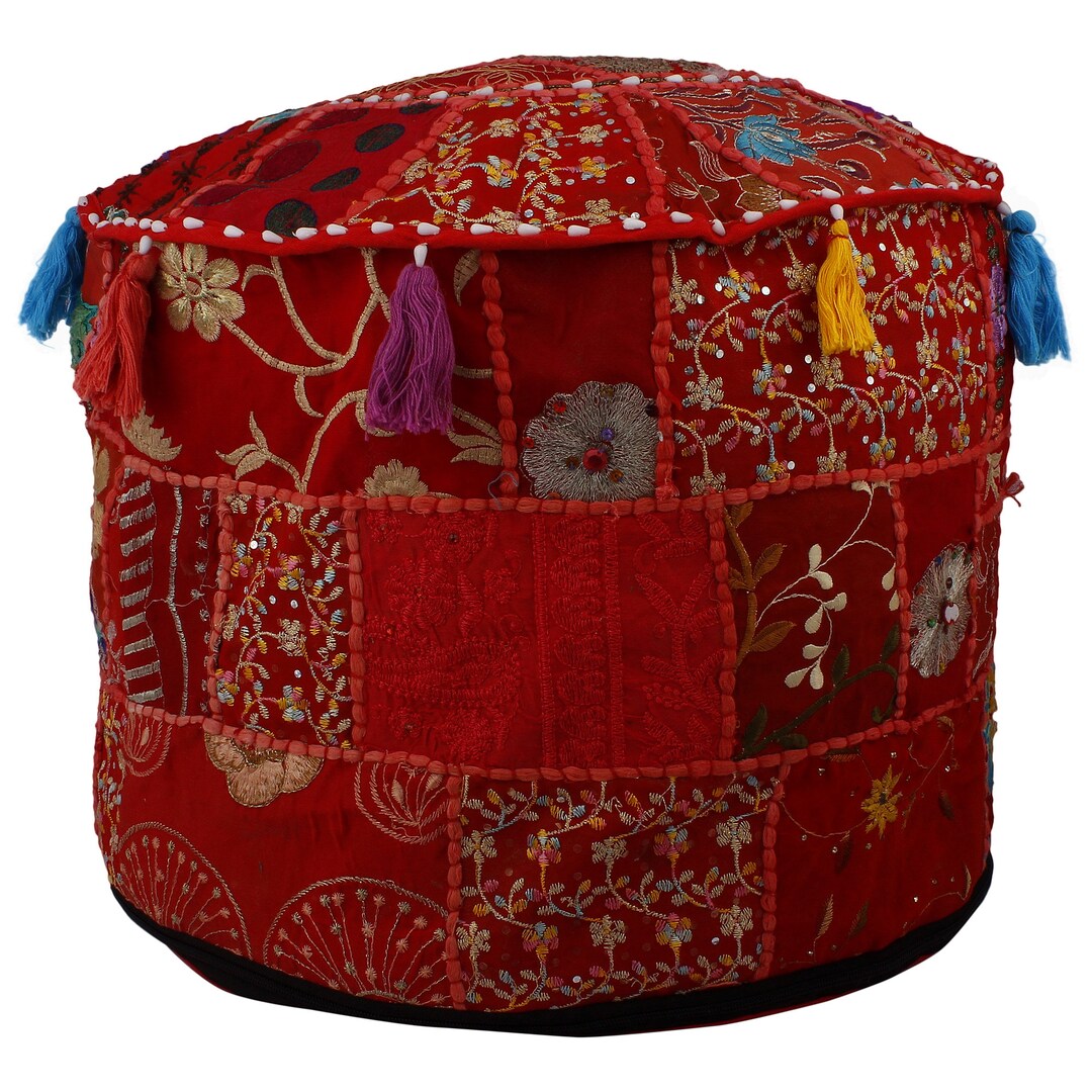 Beautiful Indian Pouf in Red Stool Vintage Patchwork Living Room ...