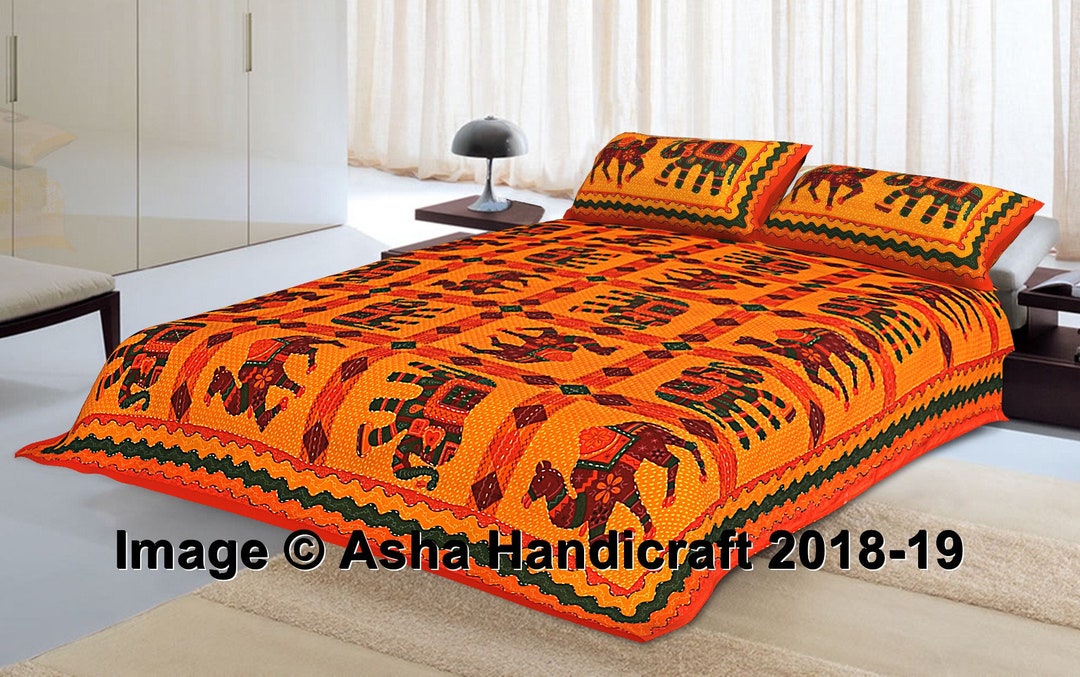 Traditional Kantha Elephant Bed Sheet & Pillow Sham Cover, Indian ...