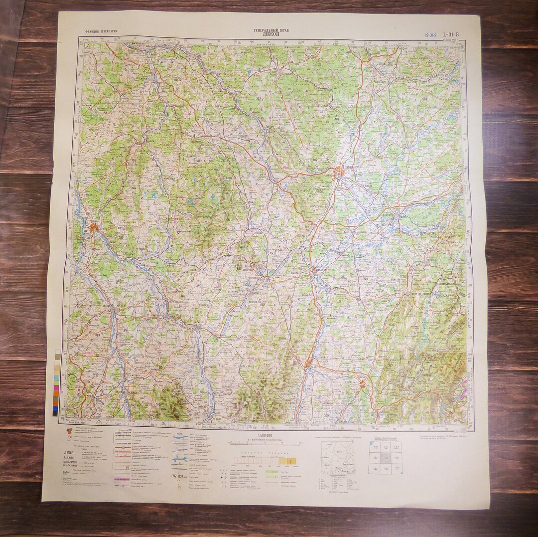 Vintage Map of France, Switzerland Map of Europe Soviet Army Survey Map ...
