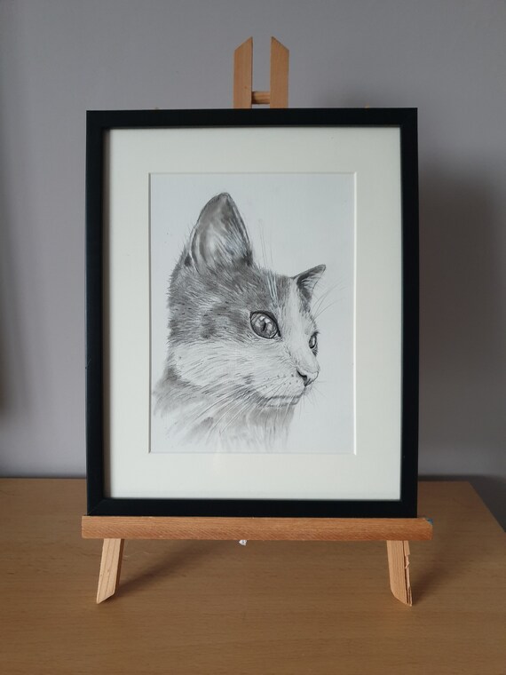 Cat Drawing Pencil Drawing Cat Artwork Framed Art 22x27cm | Etsy