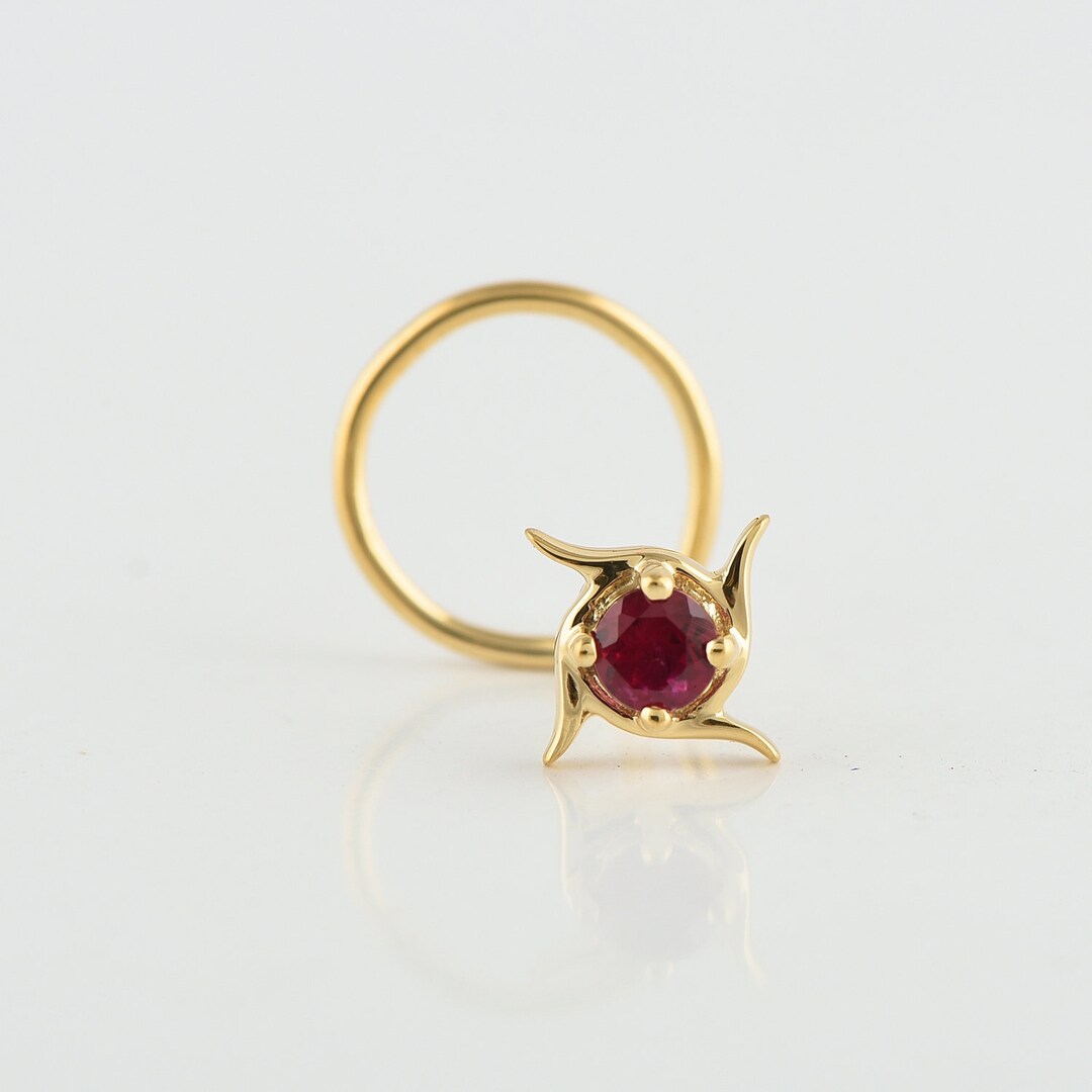 14k Yellow Gold Ruby Nose Ring: Floral Nose Pin, 3mm Gemstone Pierced ...