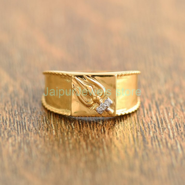 14K Yellow Gold Diamond Religious Trident Ring, Religious Indian Lord Shiva Trishul Ring - 0 ...