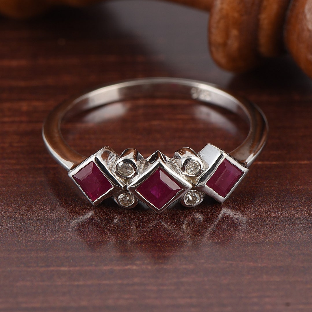 Square Ruby Diamond Ring: Sterling Silver Half Eternity Band - Etsy