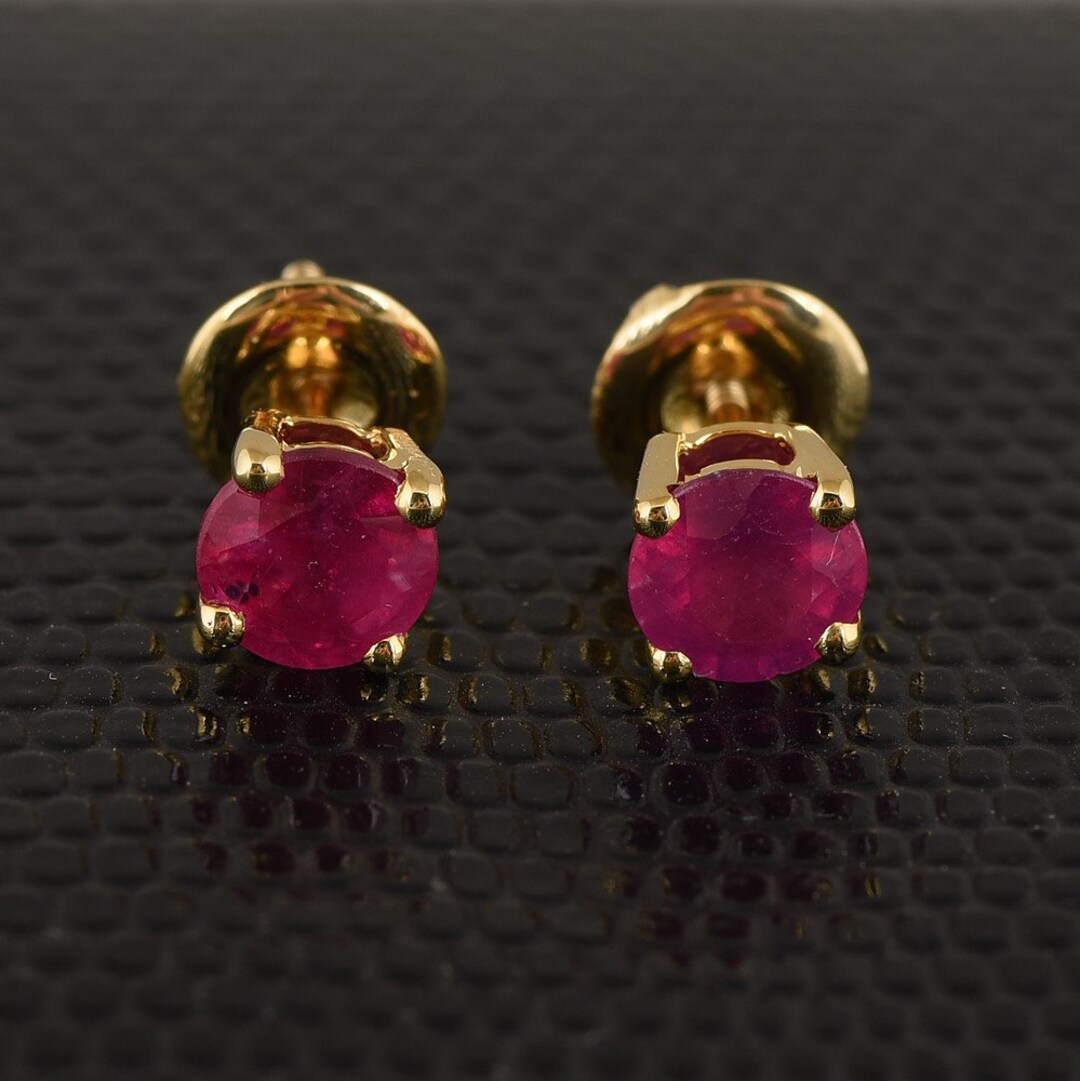 Trendy Natural Ruby 6mm Round Gemstone Stud Earring - 14k Yellow Gold ...