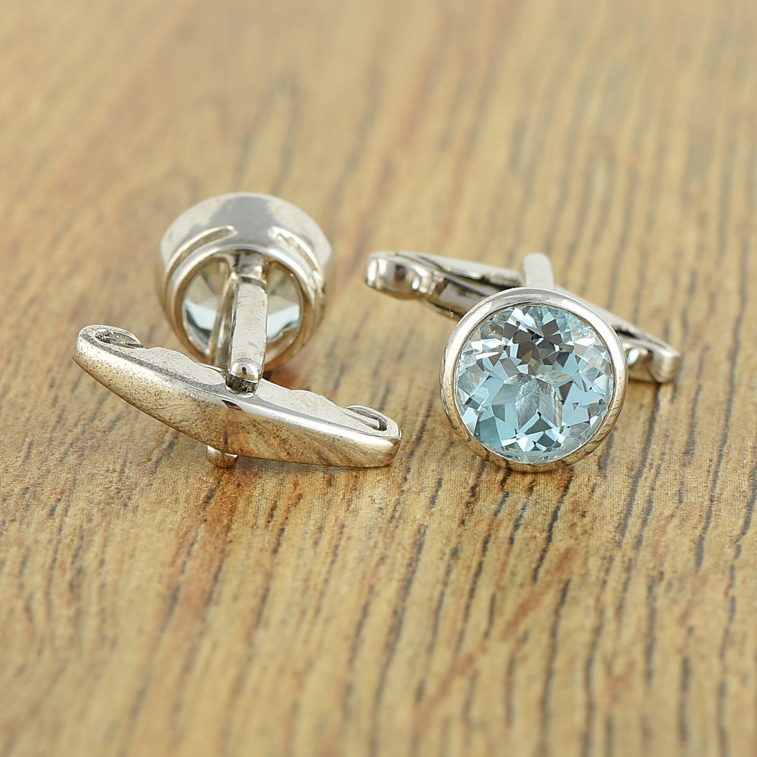 925 Sterling Silver Topaz Cuff Links Round Blue Topaz Gemstone Cuff Links trending Men's Cuff ...