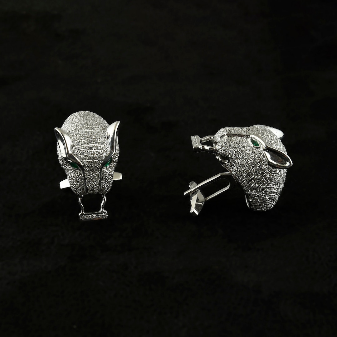 Sterling Silver Panther Cufflinks: Emerald Eyes, Antique White CZ - Etsy UK