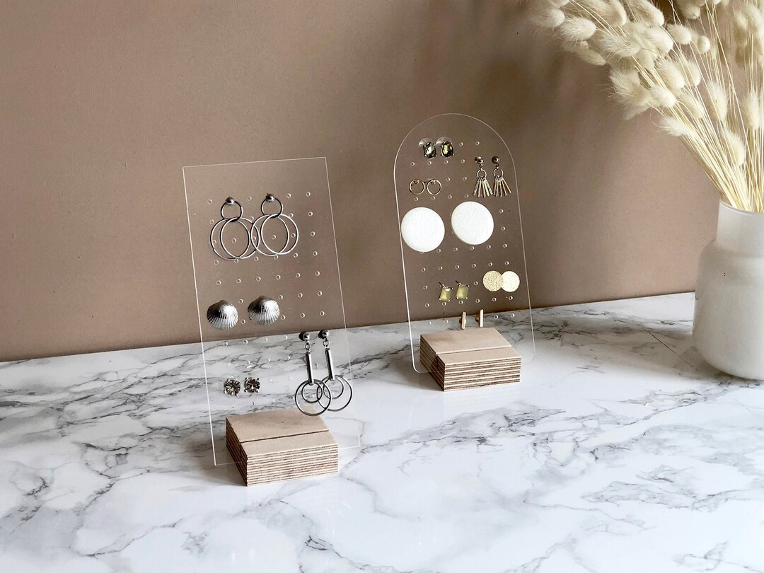Stud Earring Display Stand | Clear Acrylic and Wood Earring Holder ...