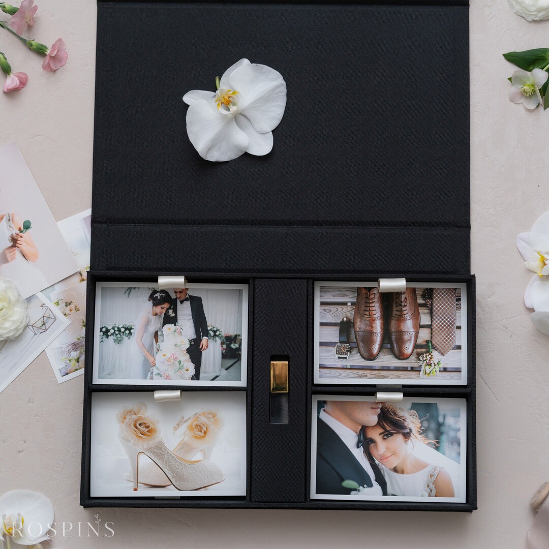 Linen Four-compartment Photo & USB Box - Black | Custom Size Wedding ...