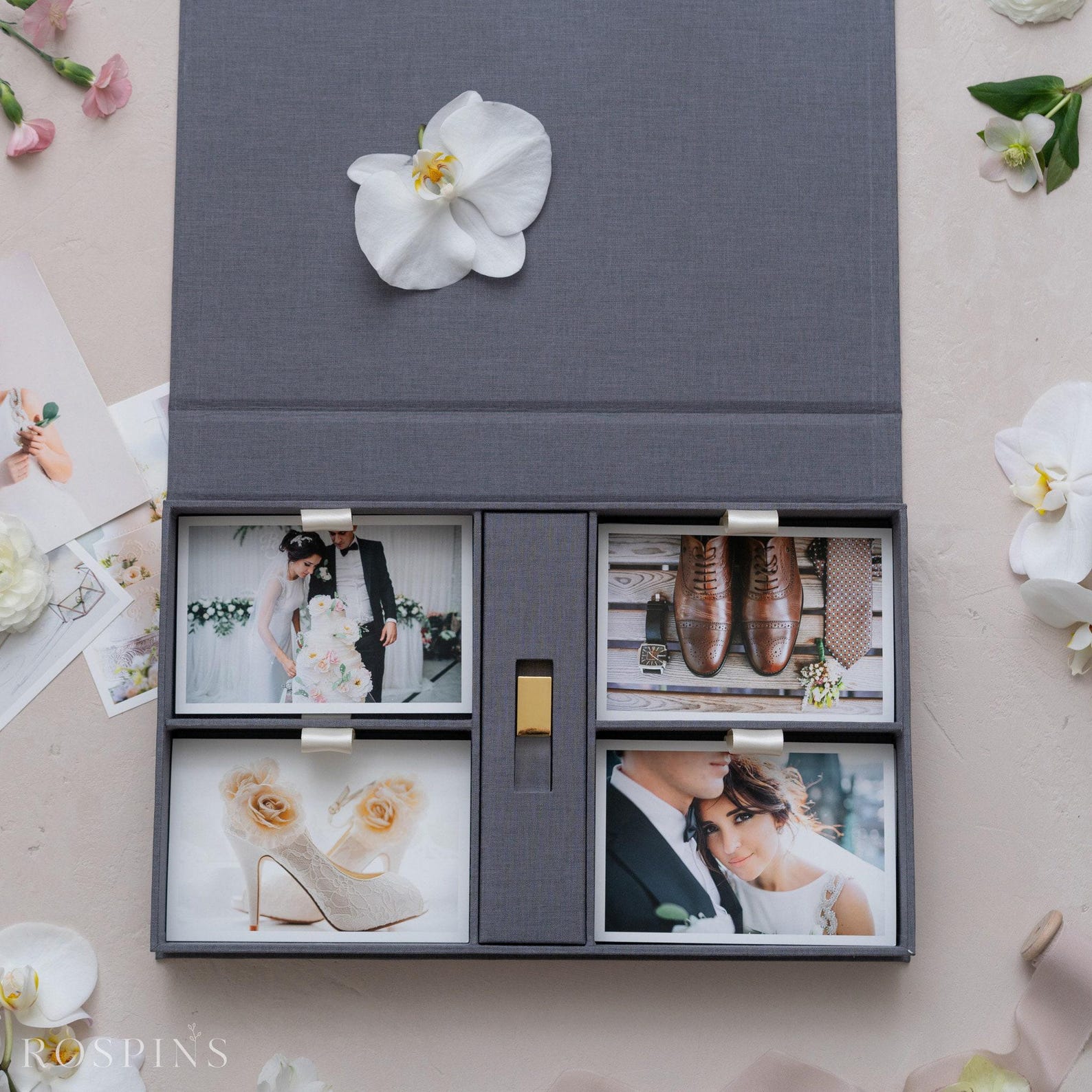 Dark Gray Linen Wedding Photo Box: Four-compartment USB Storage, Foil ...