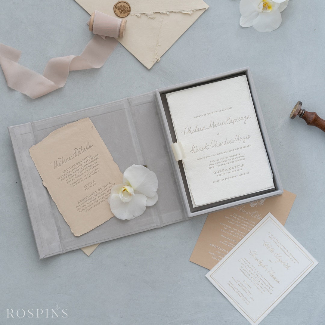 Pale Grey Velvet Wedding Invitation Box: Foil Stamped Keepsake - Etsy