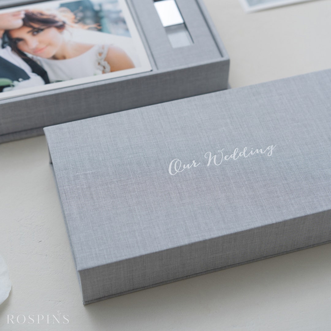 Linen Photo & USB Box Heather Grey Custom Size Wedding Photo Box Foil ...