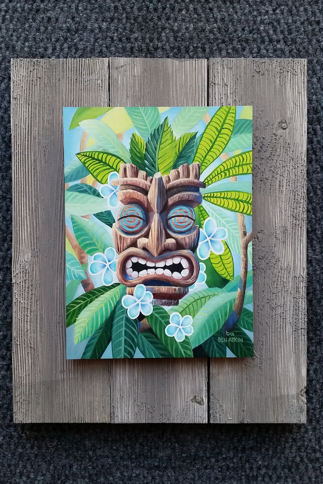Blue Floral Tiki - Hand Painted, Original Oil Artwork, Blue Plumeria ...