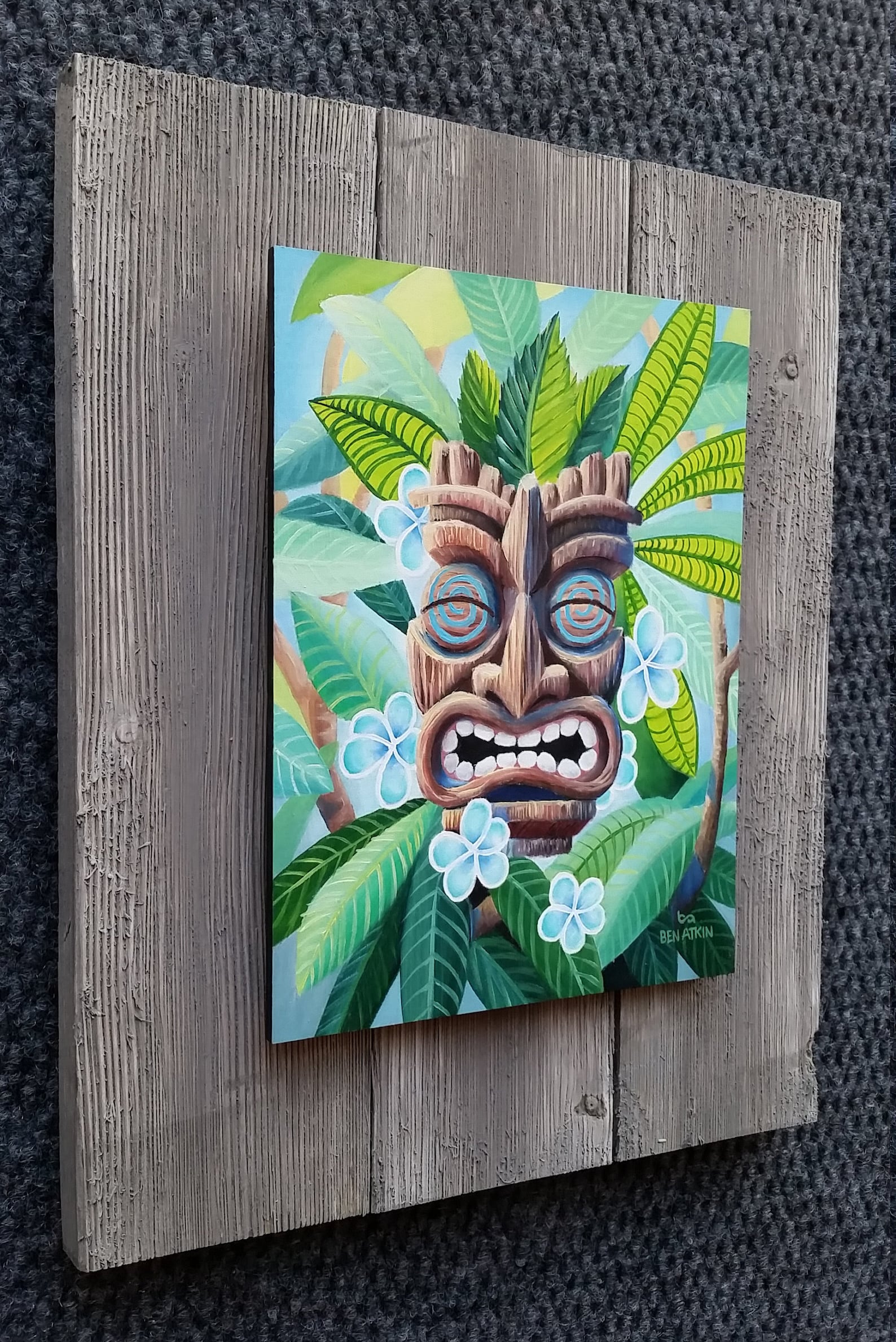 Blue Floral Tiki Hand Painted, Original Oil Artwork, Blue Plumeria ...