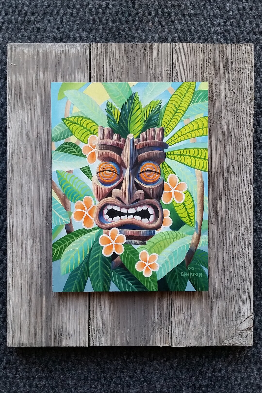 Plumeria Tiki Artist Proof, 6x8 Acrylic Painting, Orange Flowers ...