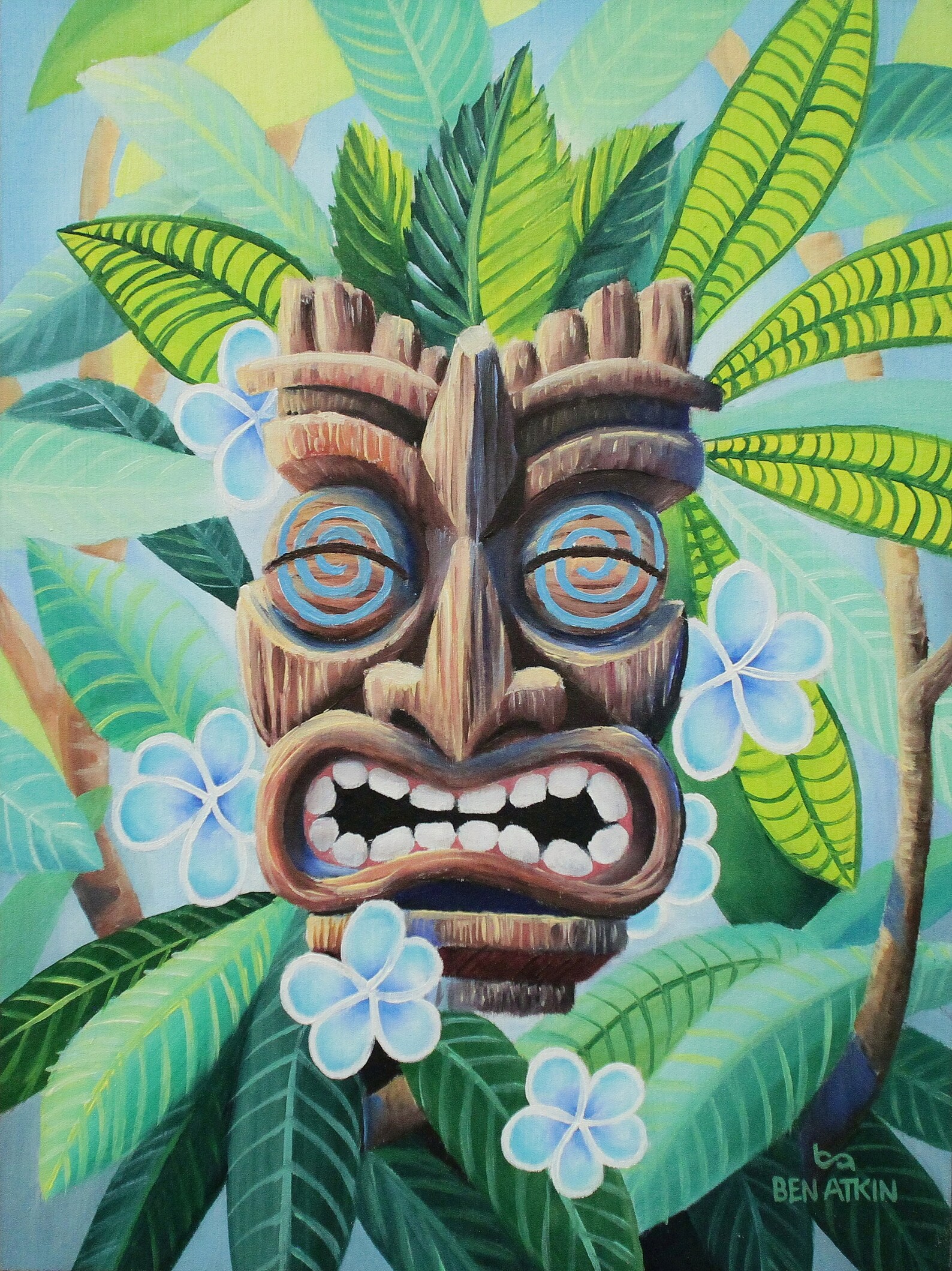 Blue Floral Tiki Hand Painted Original Oil Artwork Blue - Etsy