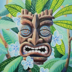 Blue Floral Tiki - Hand Painted, Original Oil Artwork, Blue Plumeria ...