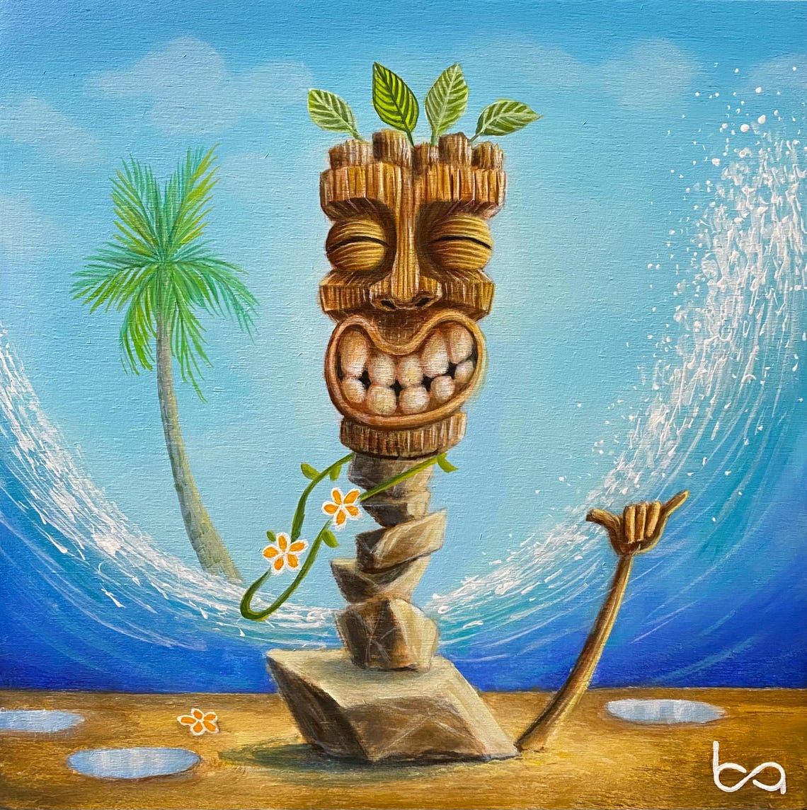 Shaka Tiki - Hand Painted Original, 6x6" Acrylic Painting, Tiki Bar ...