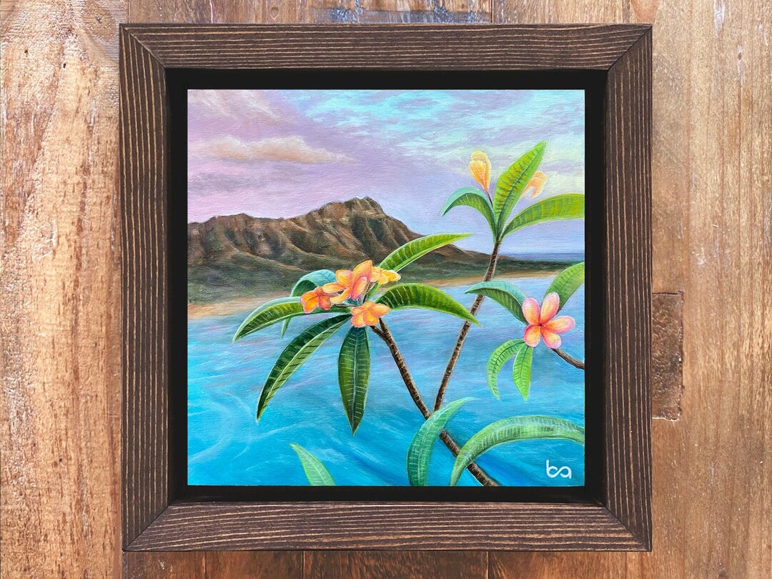 Diamond Head Painting: Hawaiian Plumerias, Original Acrylic Art (6x6 ...