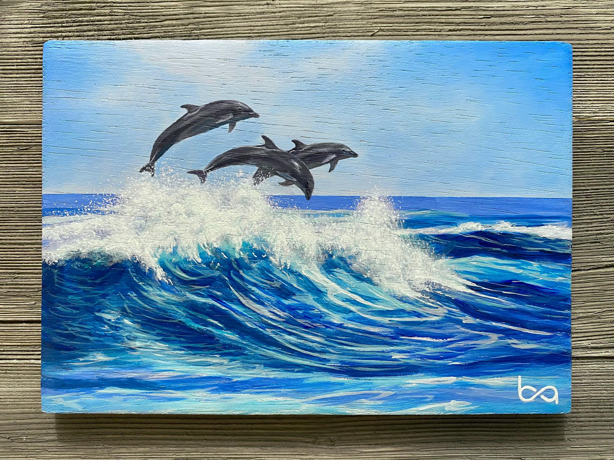 Dolphins Original Painting 5x7" Acrylic Hand Painted Dolphins Swimming ...