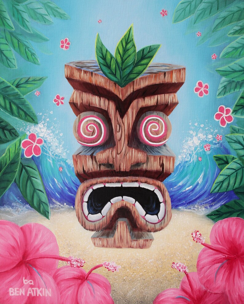 Tiki Hand Painted, Original Oil Painting, Tropical Ocean Tiki Art, Pink ...