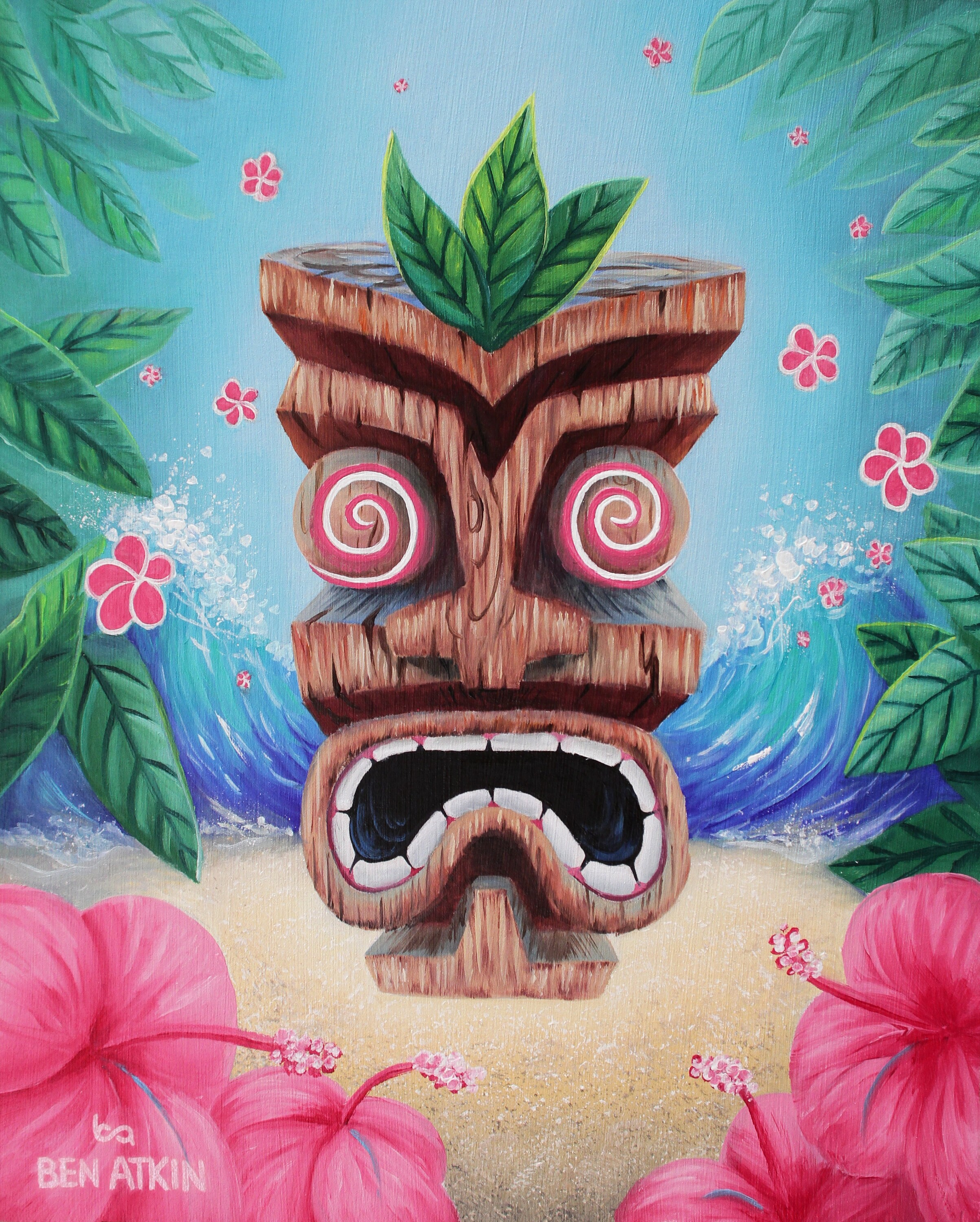 Tiki Hand Painted, Original Oil Painting, Tropical Ocean Tiki Art, Pink ...