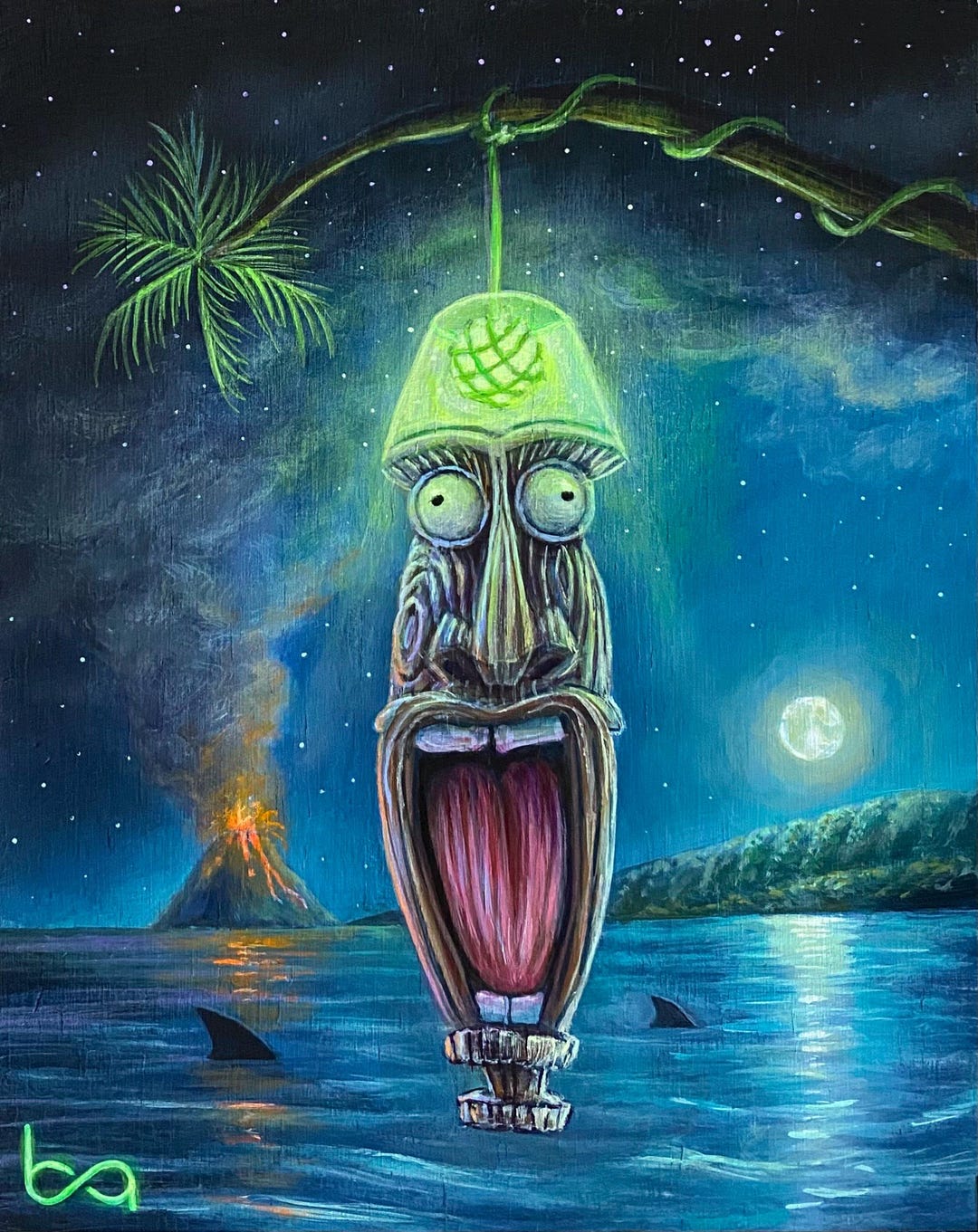 Lantern Tiki Painting: Tropical Palm Tree Moonlit Art (4.75x6") - Etsy