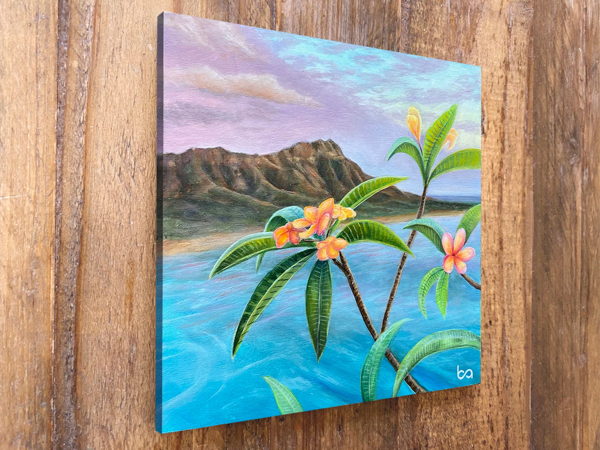 Diamond Head Painting: Hawaiian Plumerias, Original Acrylic Art (6x6 ...
