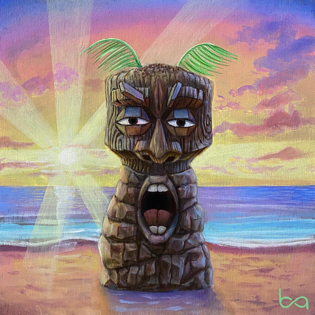 Sunset Tiki Painting: Original Acrylic Art, Tropical Silly Face (6x6 ...