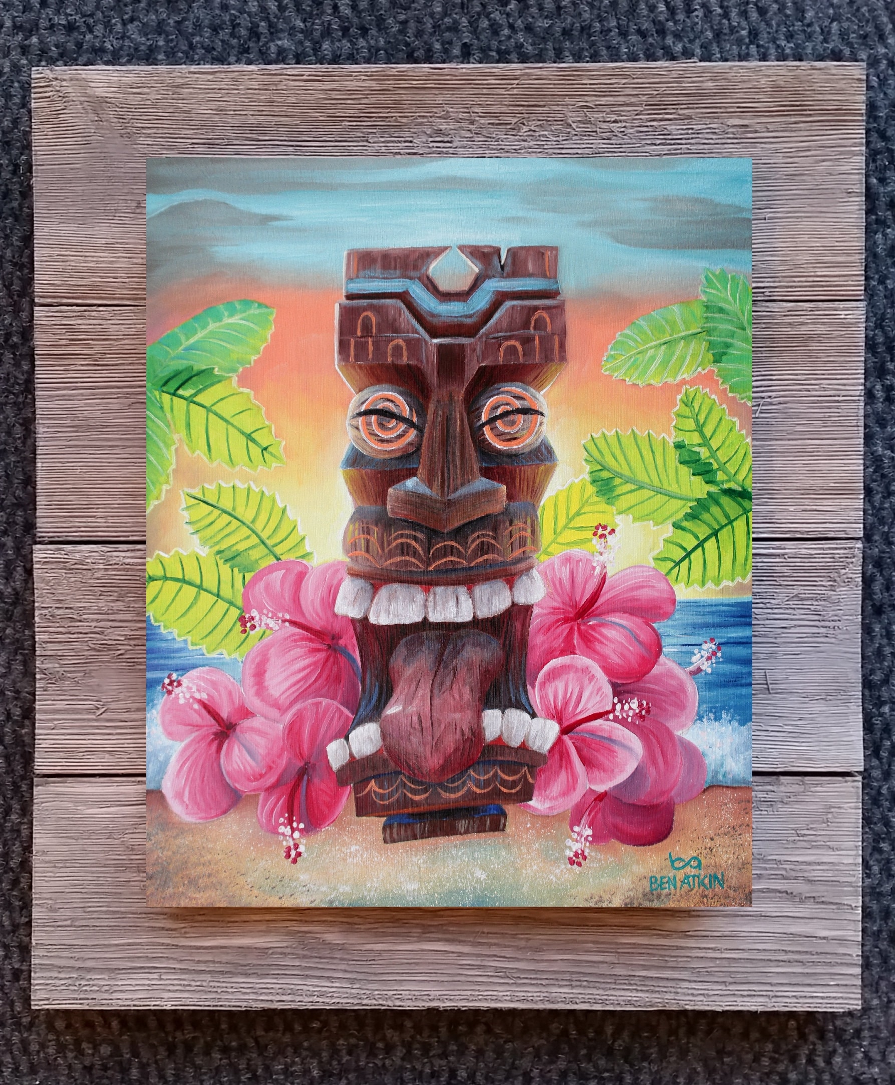 Tiki Surf Artist Proof, 8x10 Acrylic Painting, Hawaiian Tropical Beach ...