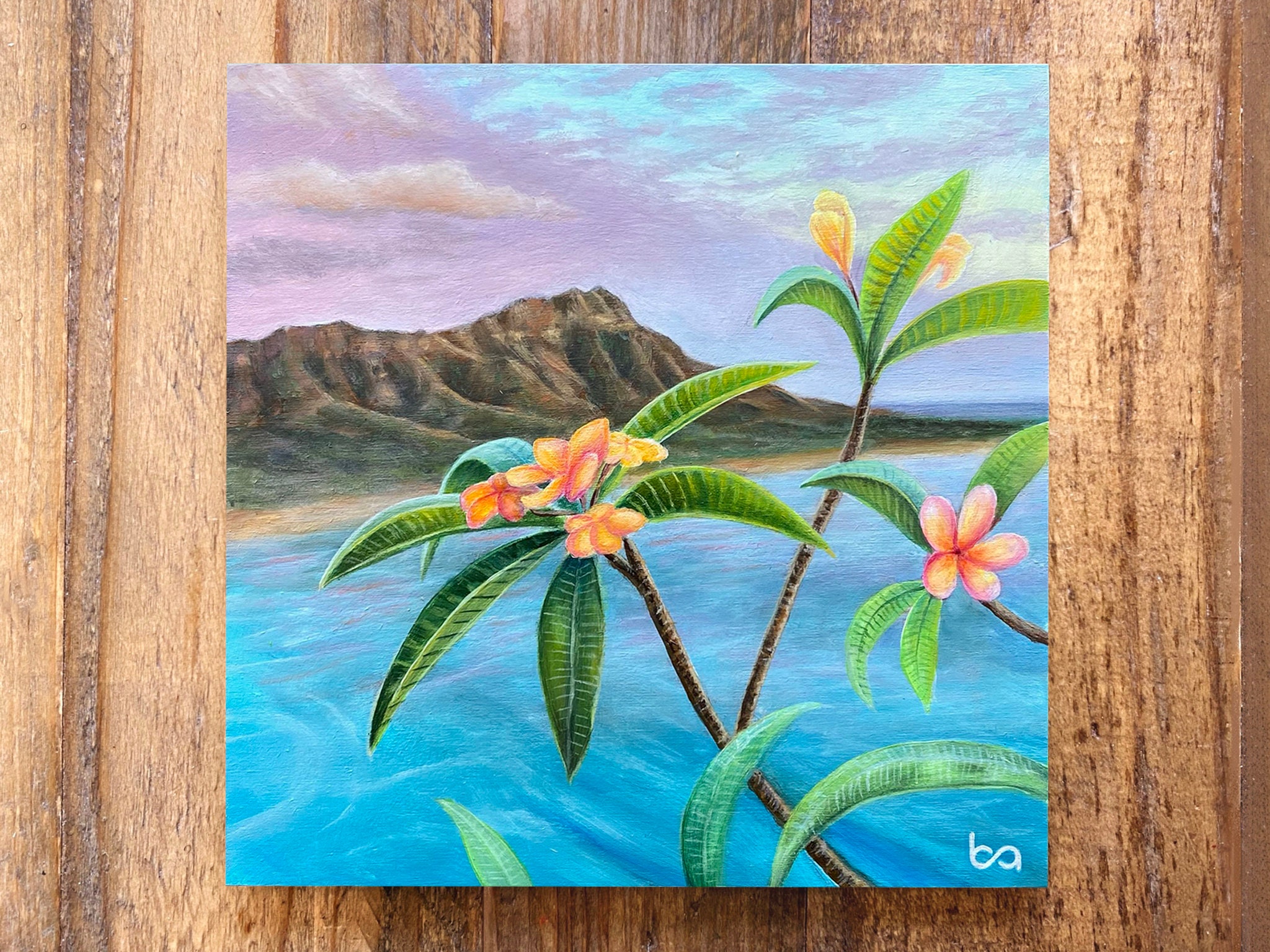 Diamond Head Painting: Hawaiian Plumerias, Original Acrylic Art (6x6 ...