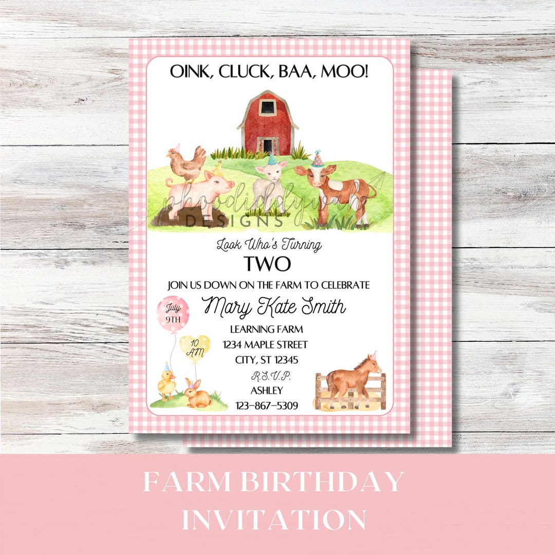 Oink Cluck Baa Moo Look Who's TWO | Farm Birthday Invitation | Party ...