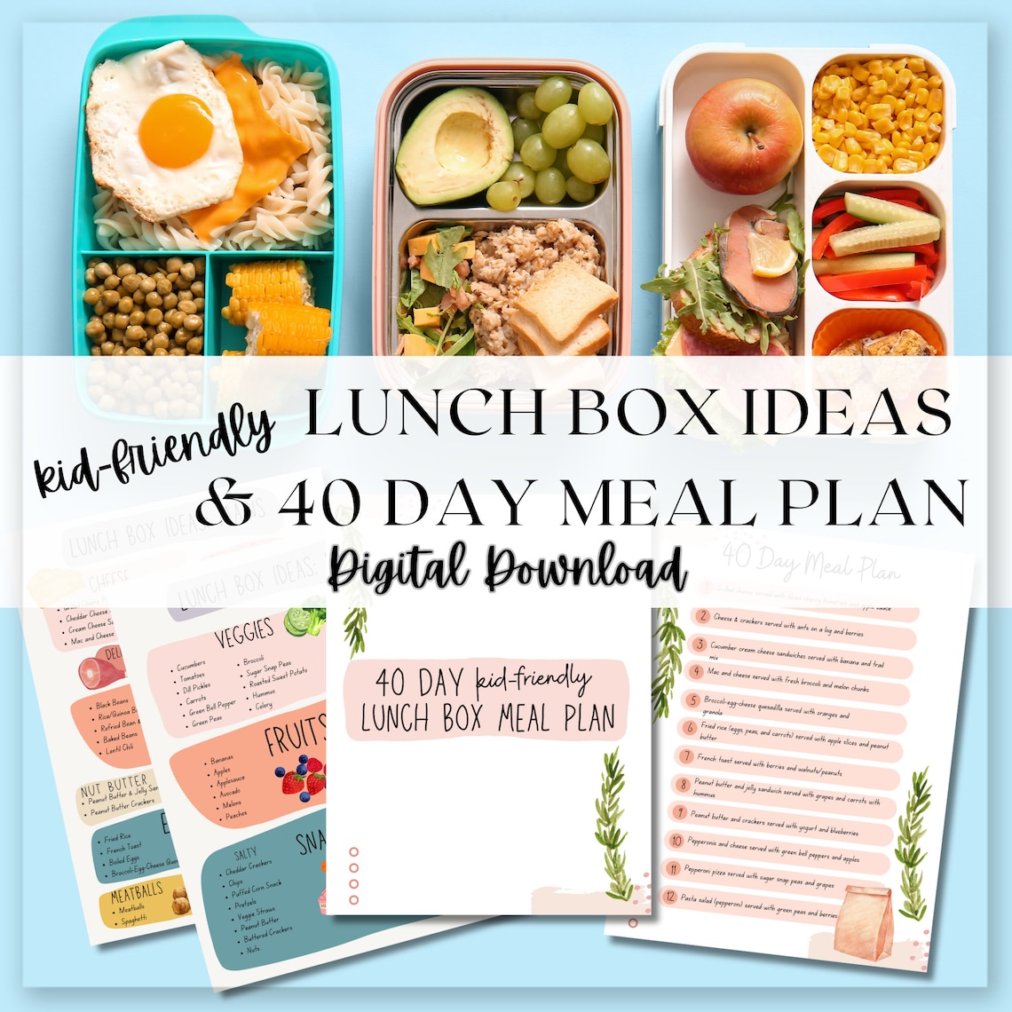 Lunch Box Ideas | 40 Day Kid-friendly Meal Plan | Lunch Box Meal ...