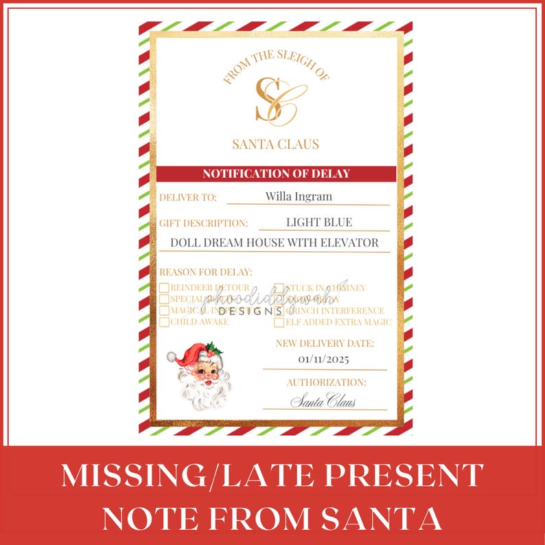 Late Gift Letter From Santa, Printable Delayed Gift, Lost Gift Template ...