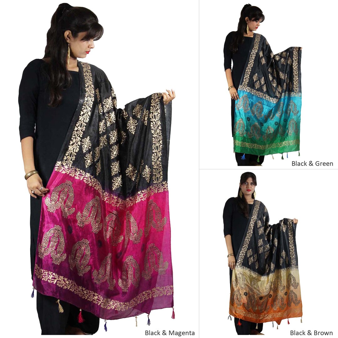 Dupatta Scarf Chunni Art Silk Stole Golden Block Print Hijab - Etsy