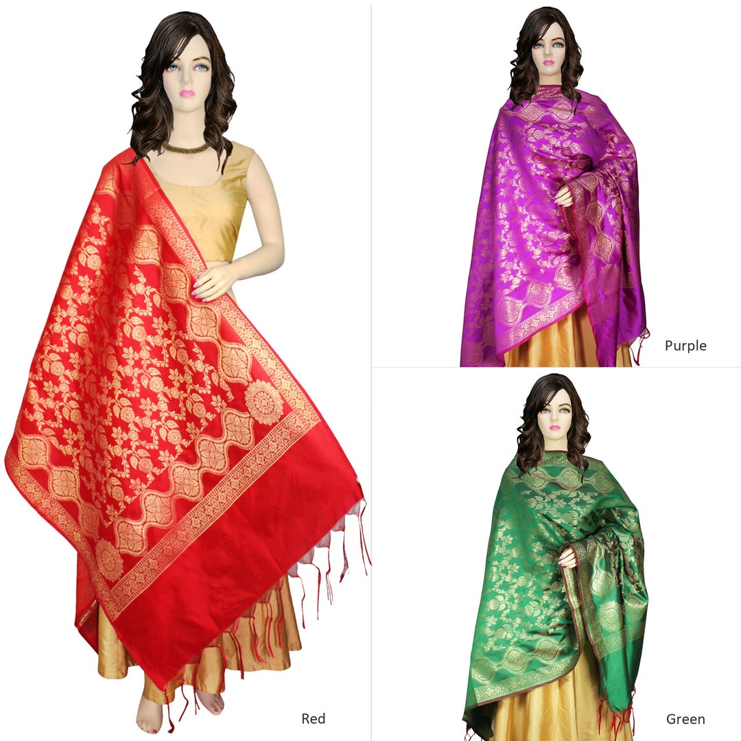 Banarasi Dupatta, Chunni, Hijab, Floral Pattern Art Silk Stole, Scarf ...