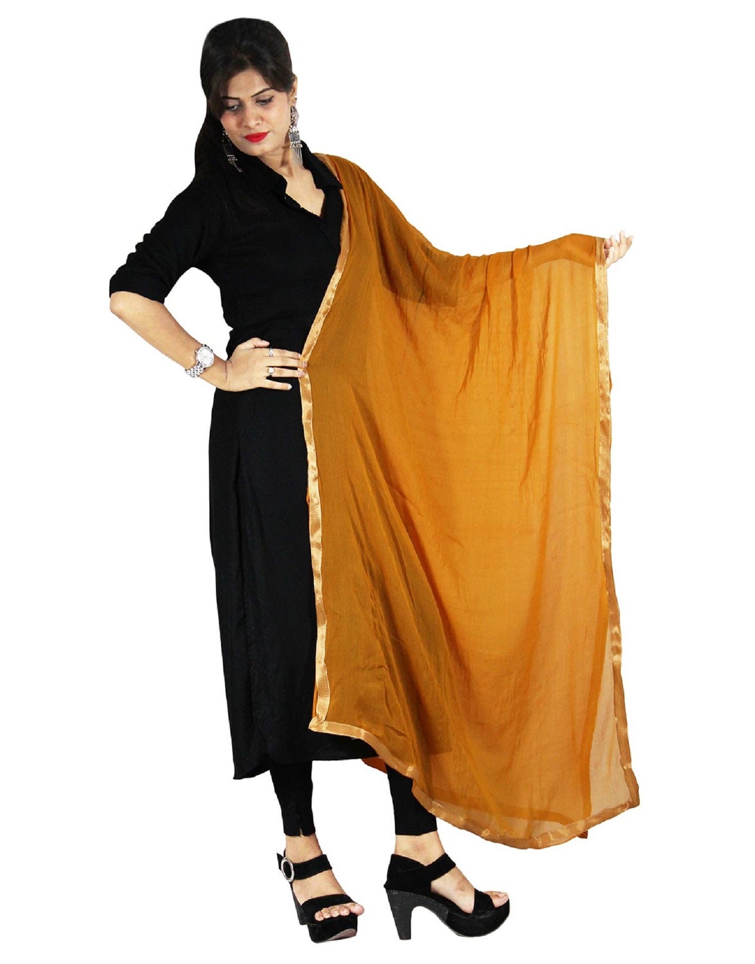 Dupatta Scarf Chunni Plain with Golden Lace Semi Chiffon | Etsy