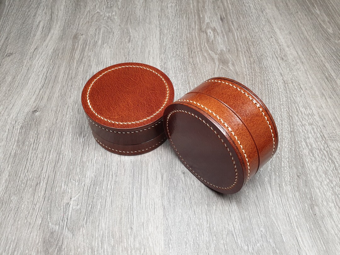 Leather Round Jewelry Box, Handmade Round Leather Case, Round Leather ...