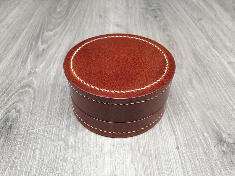 Leather Round Jewelry Box, Handmade Round Leather Case, Round Leather ...