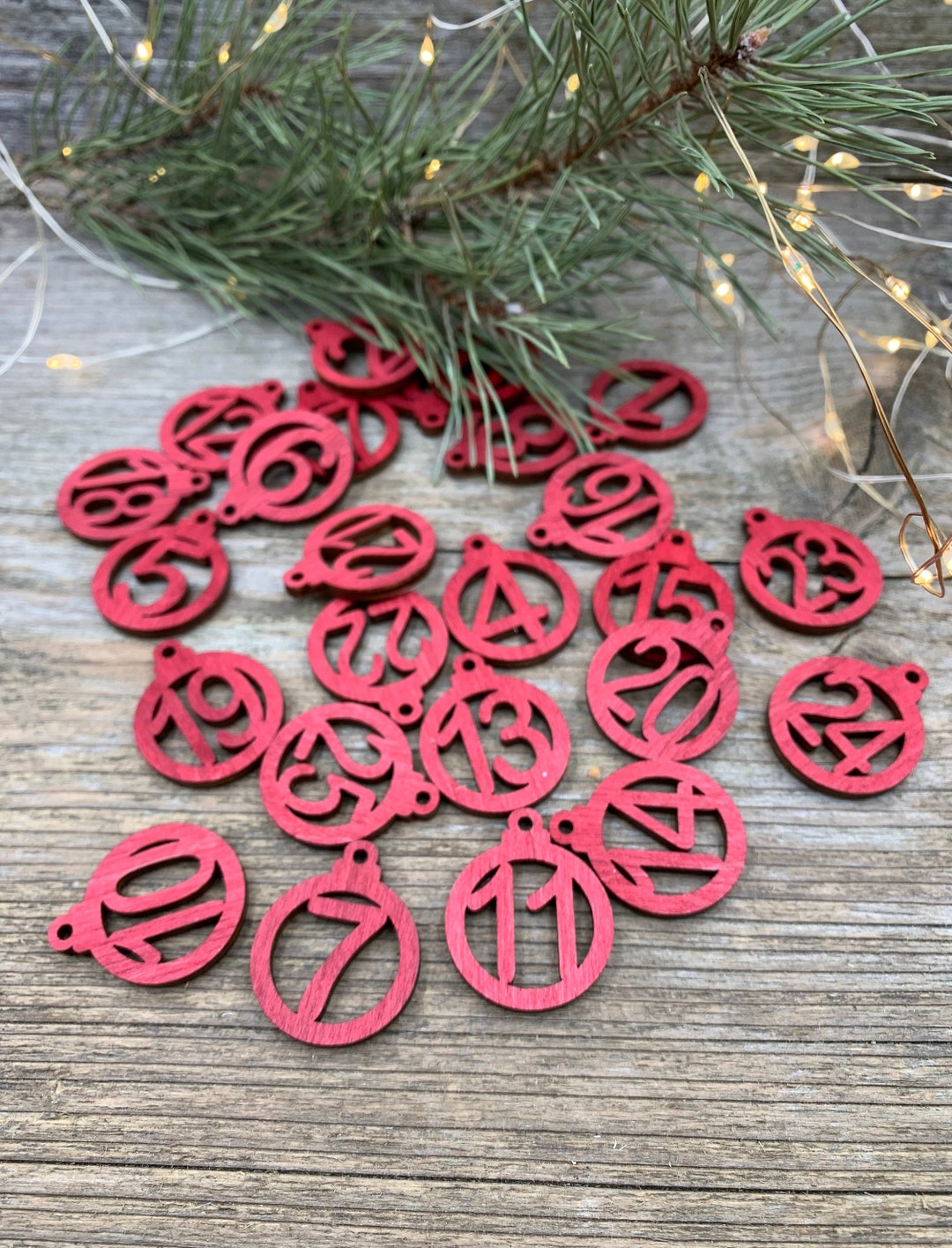 Advent Calendar Wooden Number Tags, Red Stained Wood, Cut Out Numbers ...