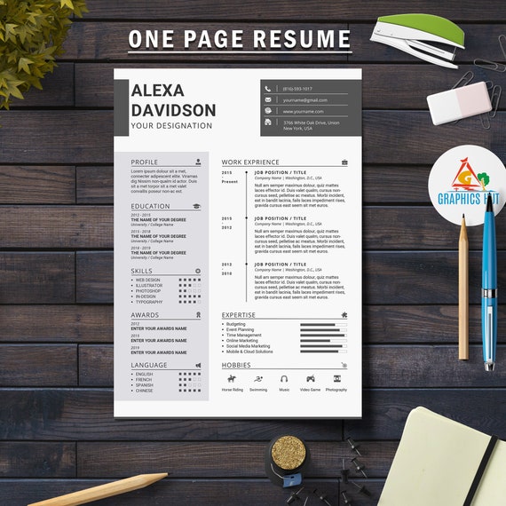 Creative 1 Page Resume Template Free Cover Letter Business | Etsy